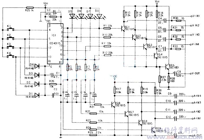 四选一视音频切换电路 - 家电维修资料网